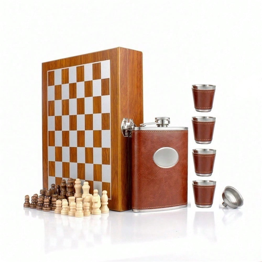 8OZ Stainless Steel Brown Leather Hip Flask Set With Funnel And 4 Cups ...