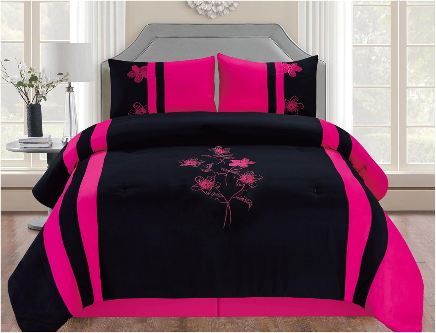 8PC California King Pink Iris Comforter Set with Bed Skirt - Complete ...