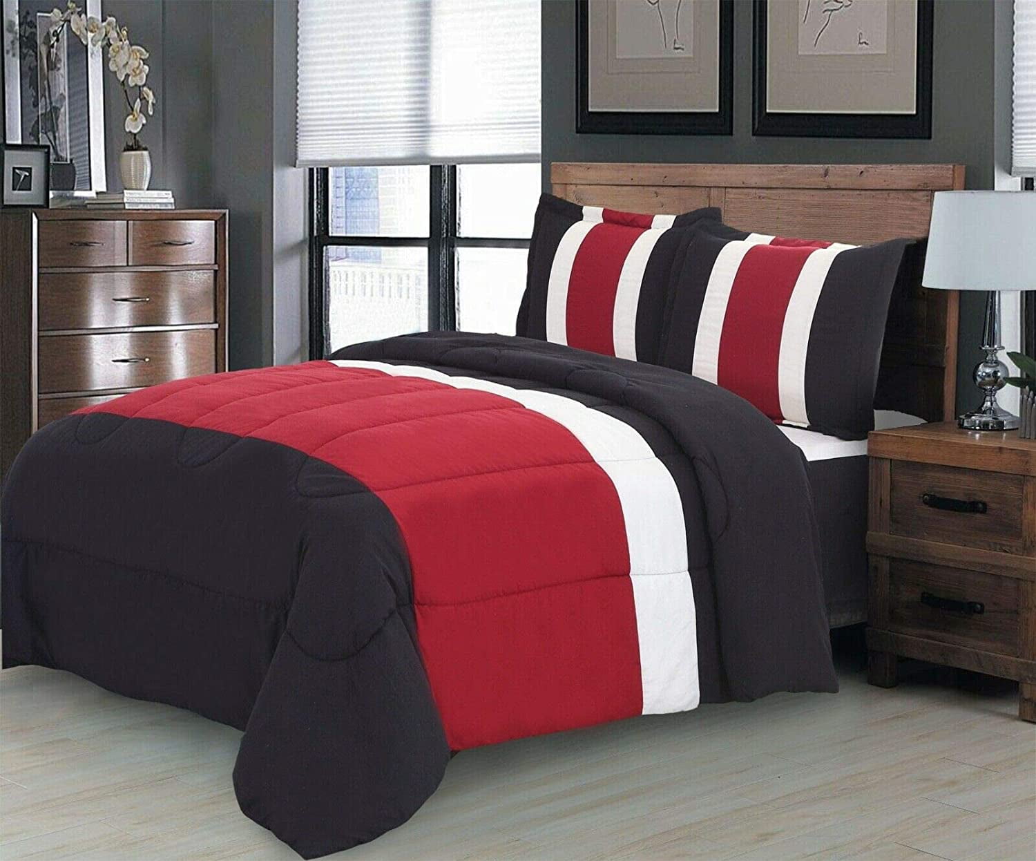 8PC Full Red Striped Comforter Set with Sheet Set - Complete Bedding ...