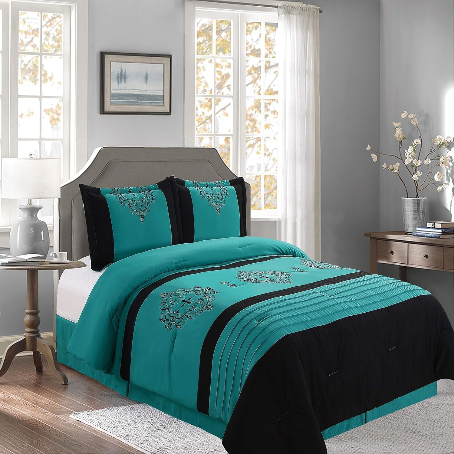 8PC Full Teal Ornate Comforter Set with Sheet Set - Complete Bedding ...