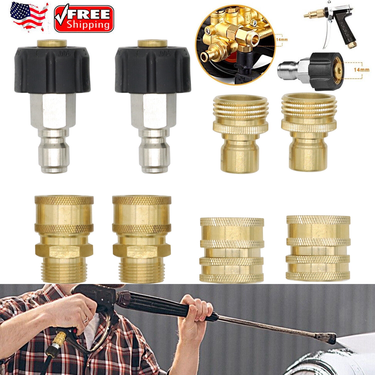 8PC Pressure Washer Adapter Set Quick Disconnect Kit M22 Swivel to 3/8 ...