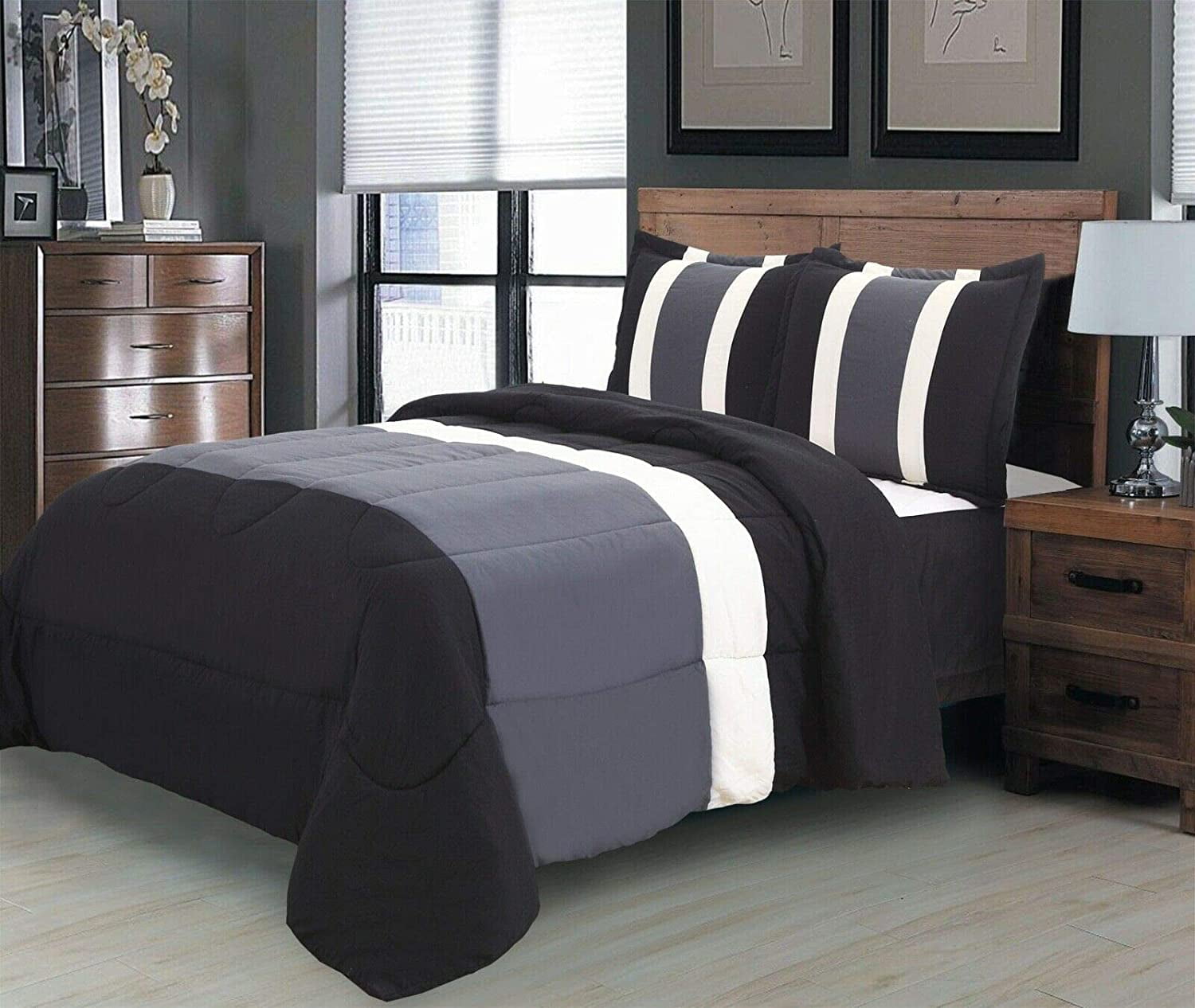 8PC Queen Gray Striped Comforter Set with Sheet Set - Complete Bedding ...