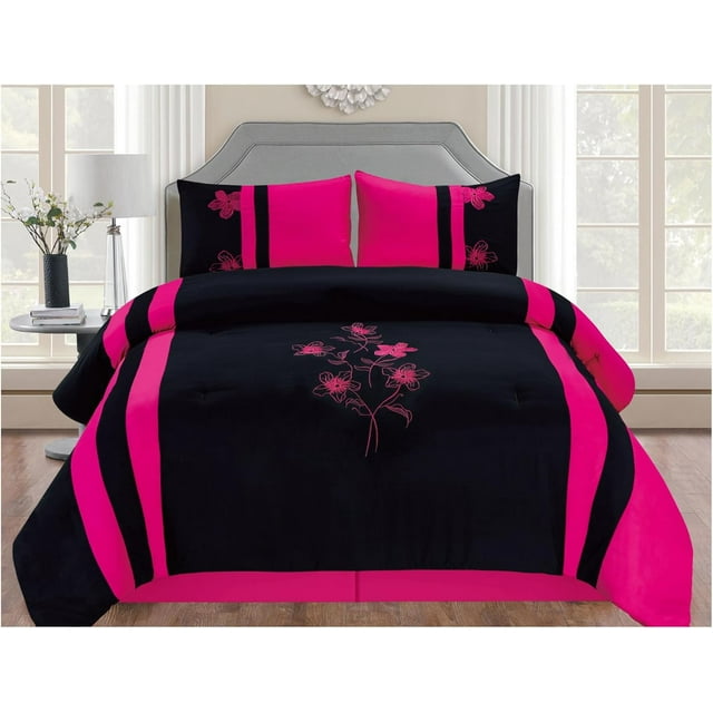 8PC Queen Size Pink Iris Comforter Set with Sheet Set - Complete ...