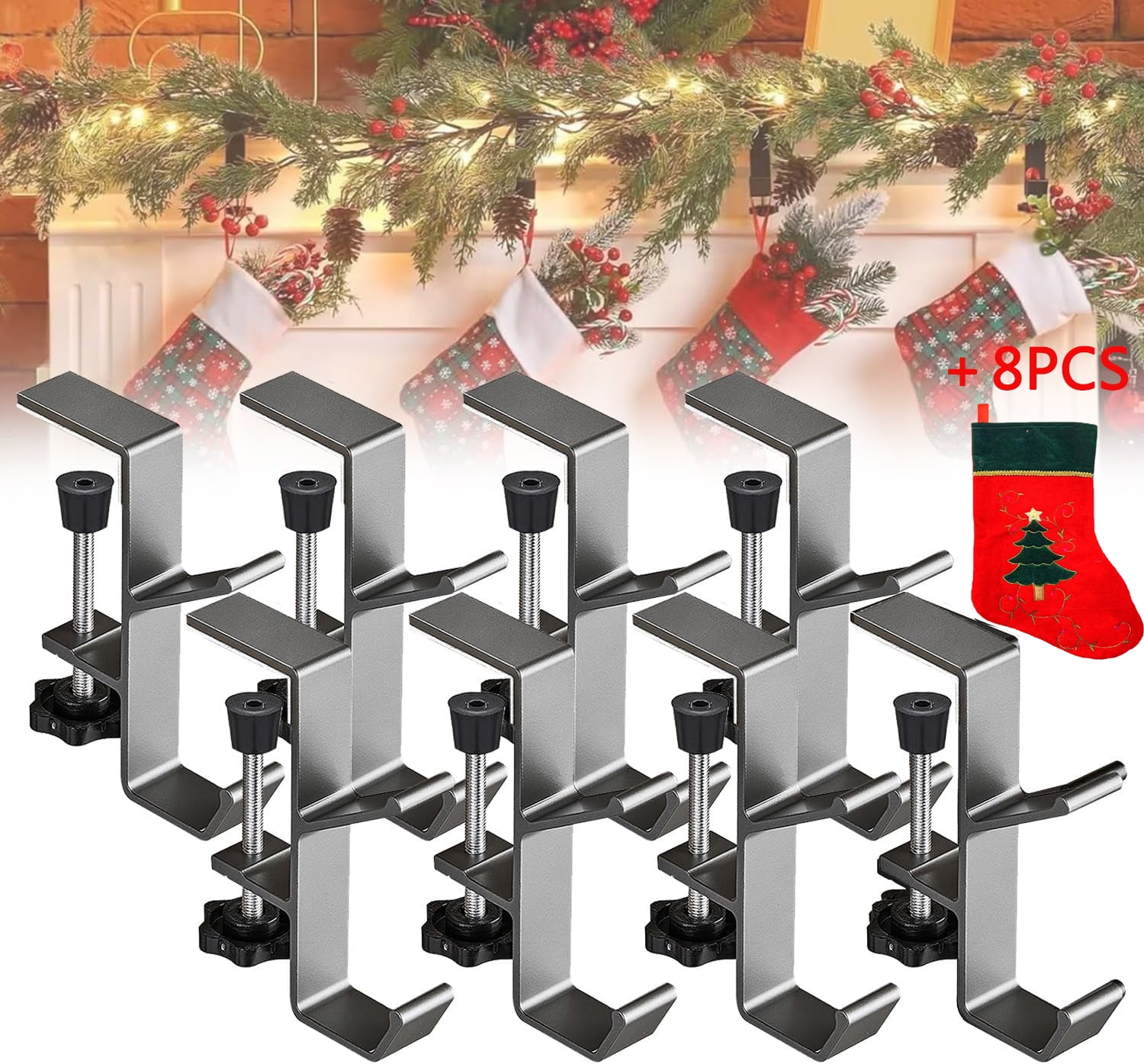 8PC Stocking Hanger,2025 New Adjustable Fireplace Stocking Hooks Double ...