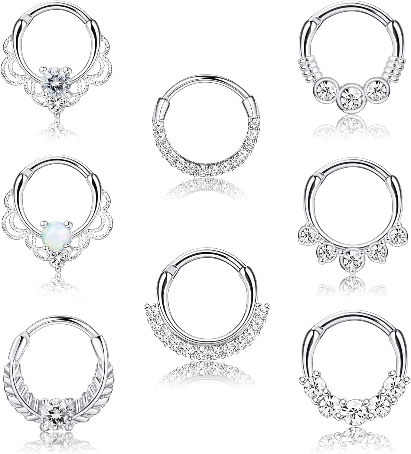 8PCS 16G Septum Clicker Ring Stainless Steel CZ Opal Cartilage Helix ...