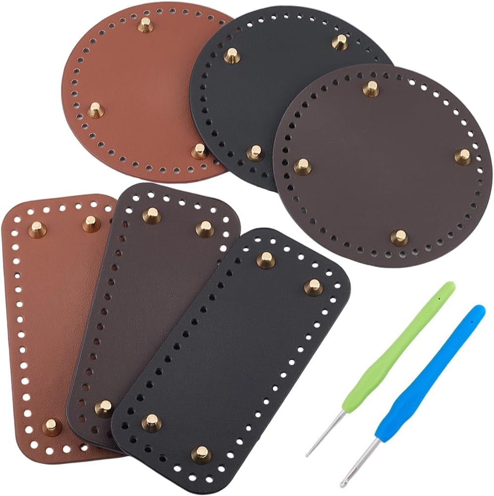 8PCS 3 Colors PU Leather Rectangle Bag Making Bottom Round Knitting Shaper Pad Crochet Rivet ...