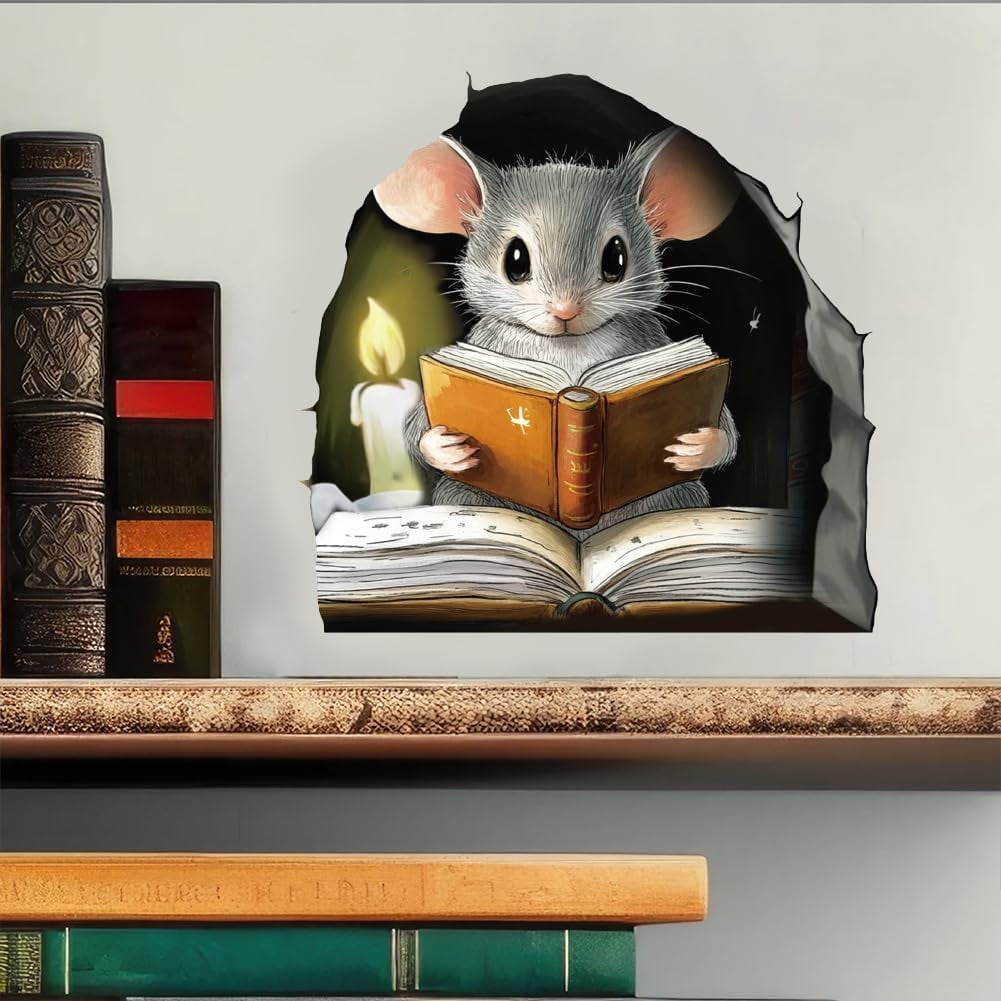 8PCS 3D Reading Mouse Wall Decals Break Through The Wall Library Mouse ...