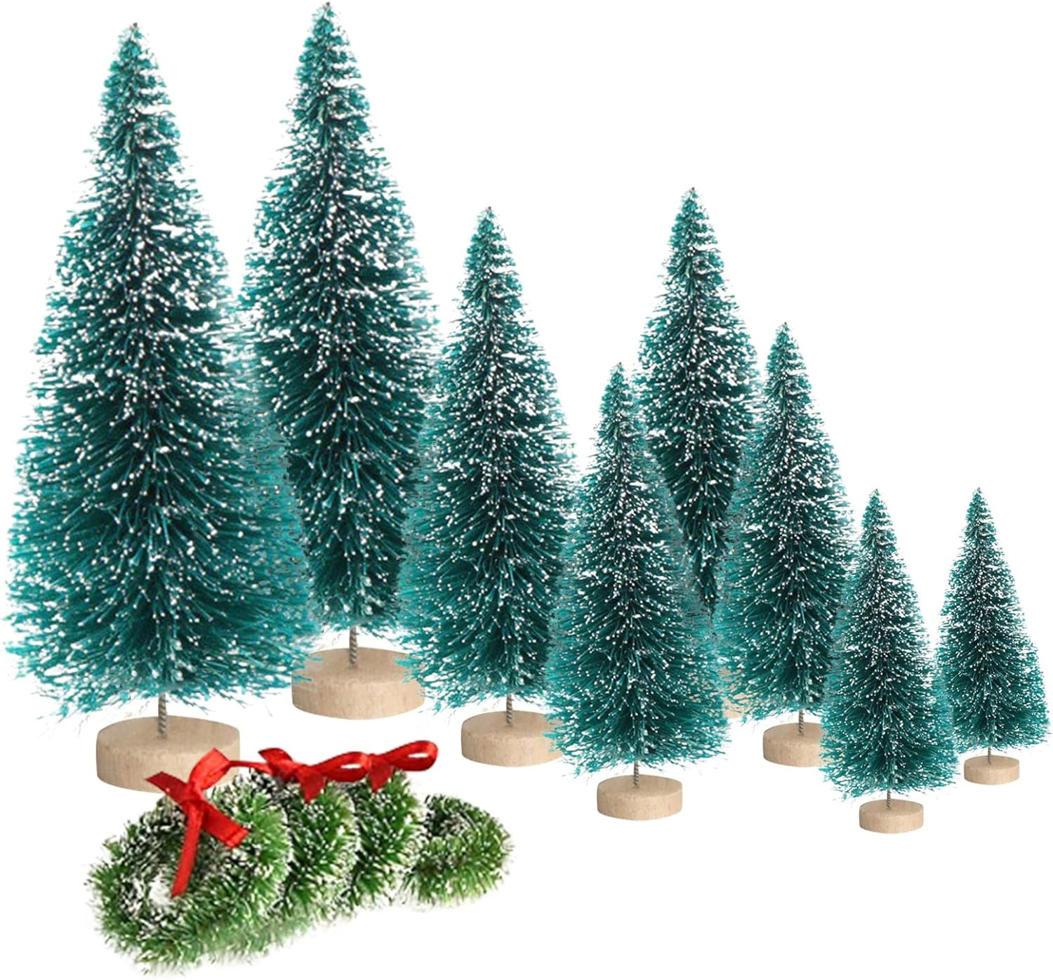 8PCS Artificial Mini Christmas Trees, Bottle Brush Trees with Wood Base ...