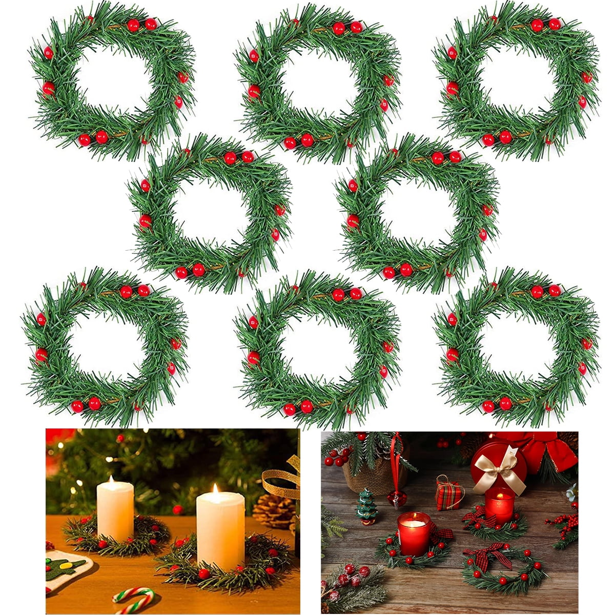 8PCS Christmas Candle Rings, Small Artificial Red Berry Wreath Candle ...