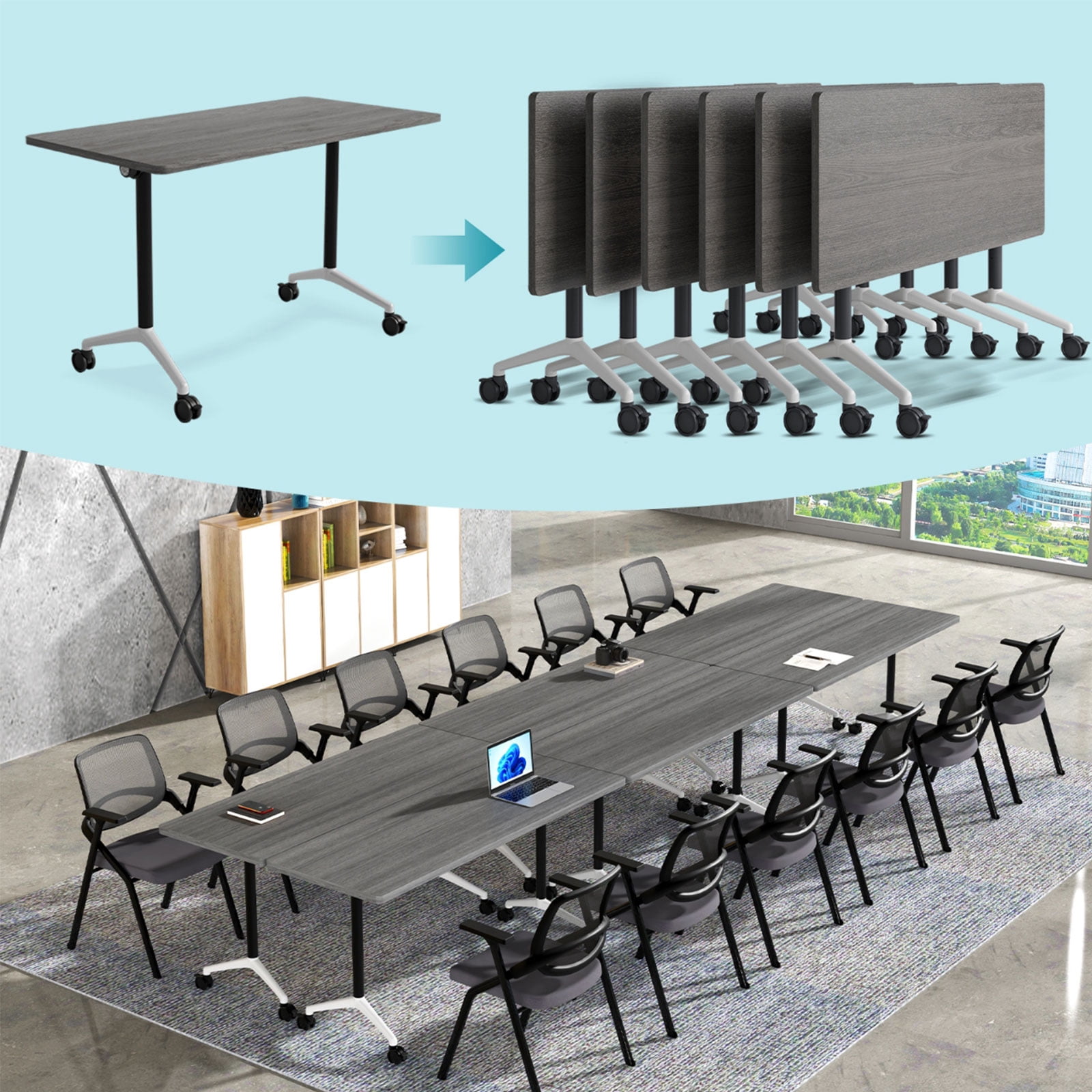 8PCS Conference Table with Wheels, 61“ Folding Conference Table, Flip ...