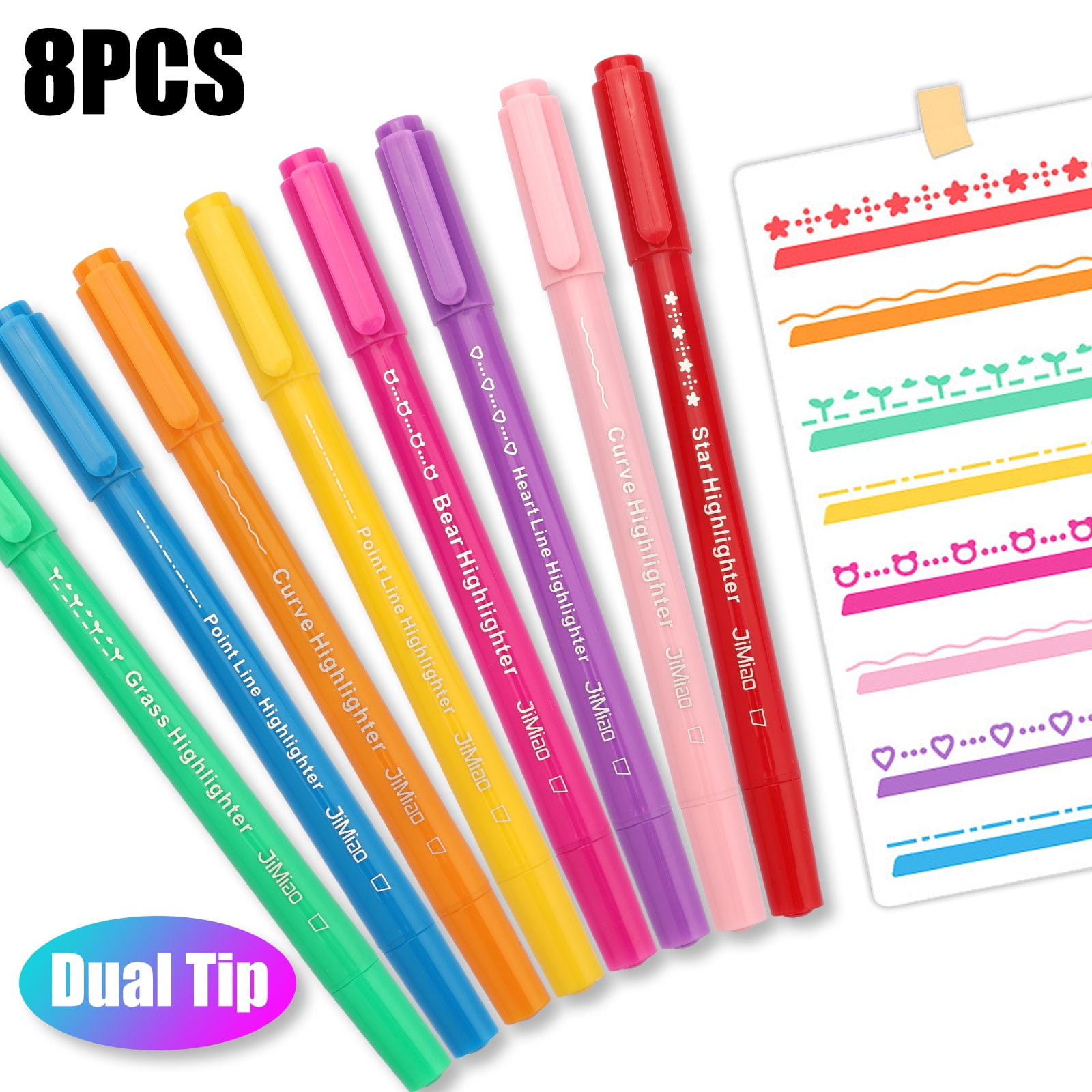 8PCS Curve Highlighter Pen Set, TSV Dual Tip Markers with 6 Curve ...