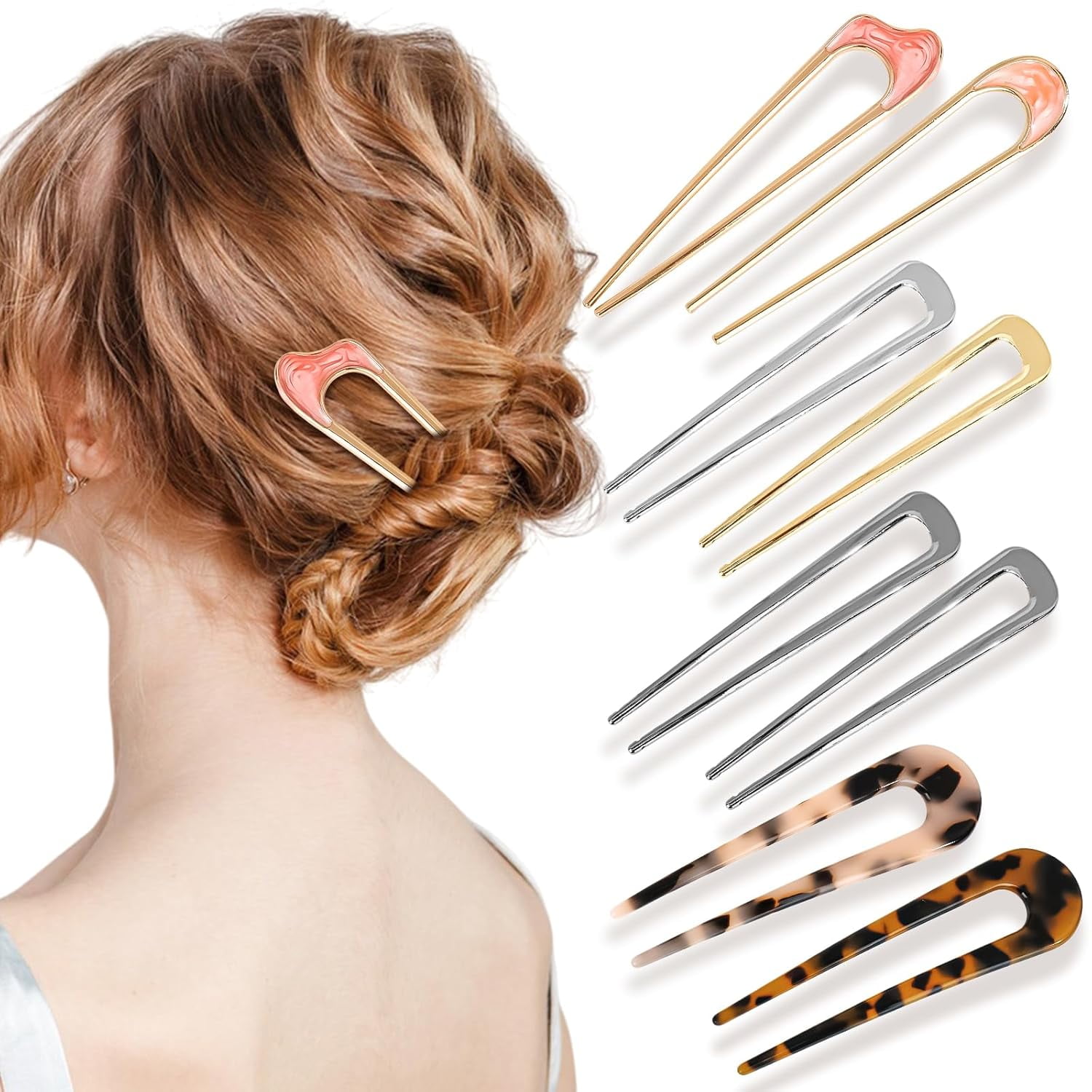 8PCS French Hair Pin Cellulose Acetate Tortoise Shell U-Shaped Updo Forks Gold Sliver 2 Prongs ...