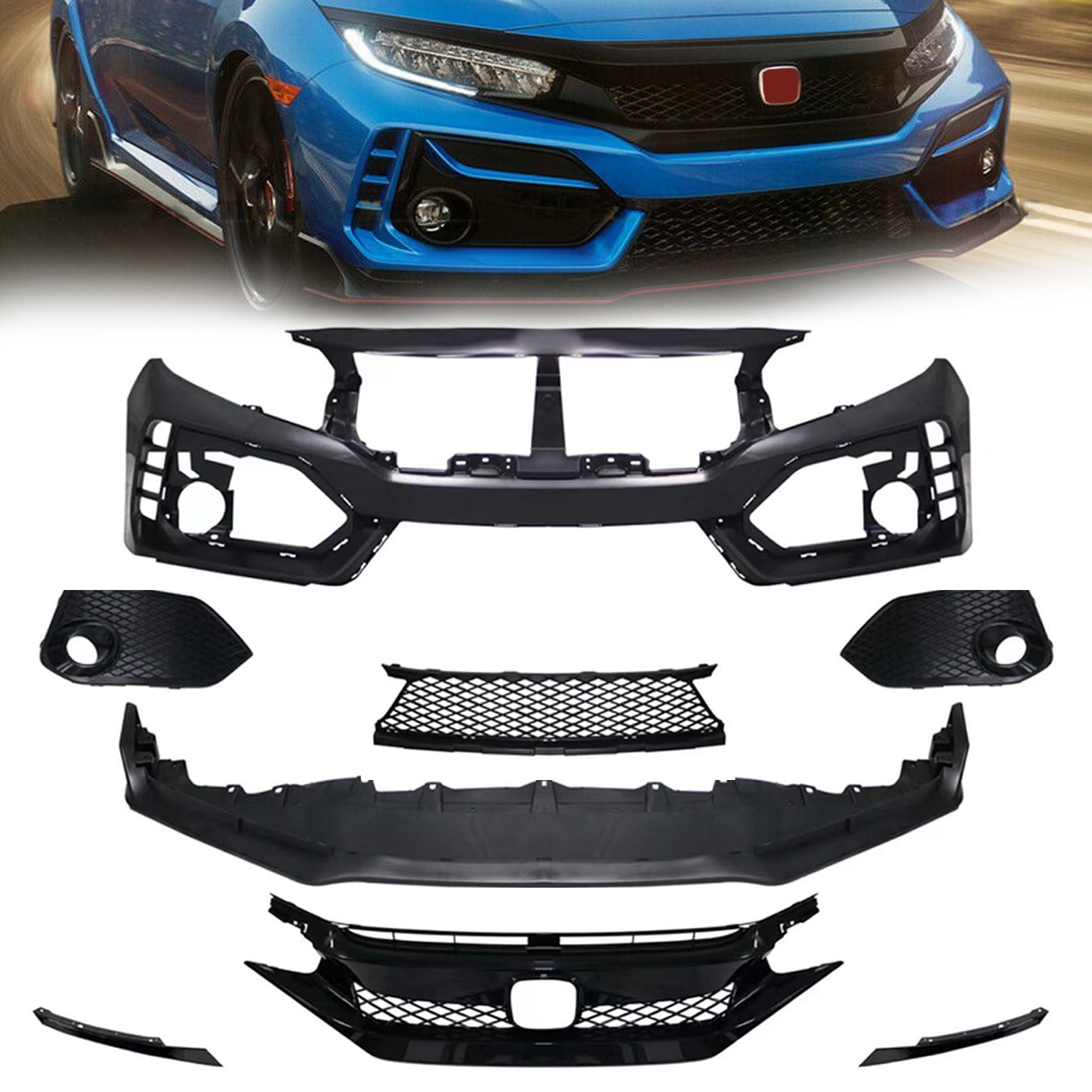 8PCS Retrofit Front Bumper Body Parts Kit For 2016 - 2018 Honda Civic ...