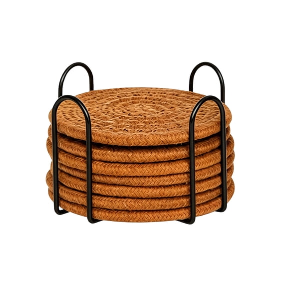 8PCS Round Woven Placemats Set with Metal Storage Holder for Dining ...