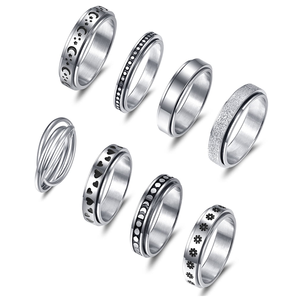 8PCS Stainless Steel Womens Mens Ring Thin Stars Moon Sun Spin Double ...