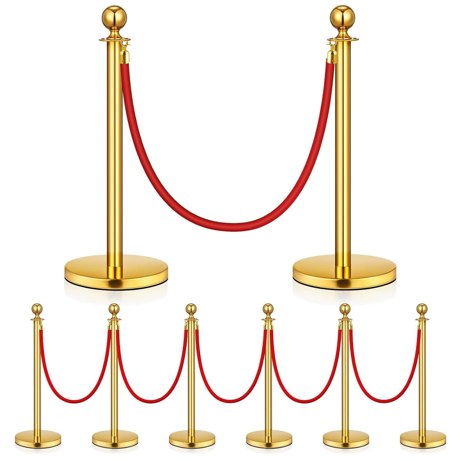 8PCS Velvet Ropes and Posts, 5 ft/1.5 m Red Rope, Stainless Steel Gold ...