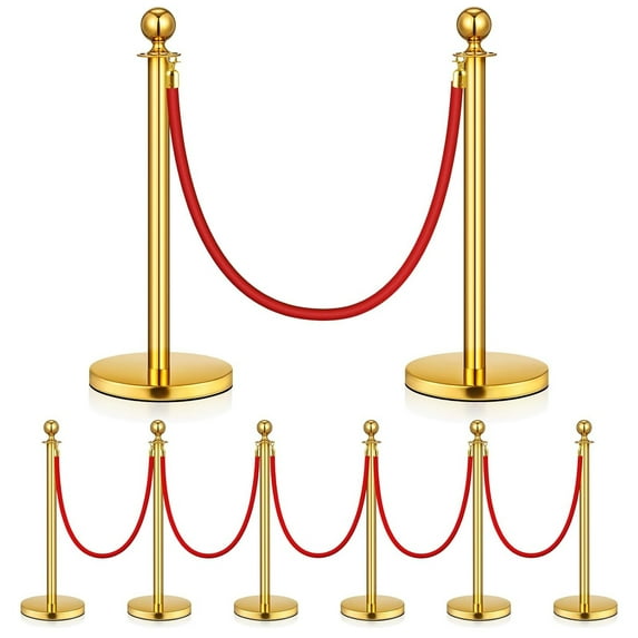 8PCS Velvet Ropes and Posts, 5 ft/1.5 m Red Rope, Stainless Steel Gold ...