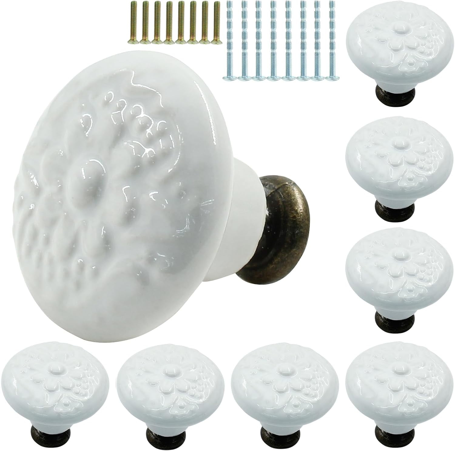 8PCS White Ceramic Knobs Vintage Handles, Decorative Kitchen Cabinet Knobs Pulls, Retro Ceramic ...