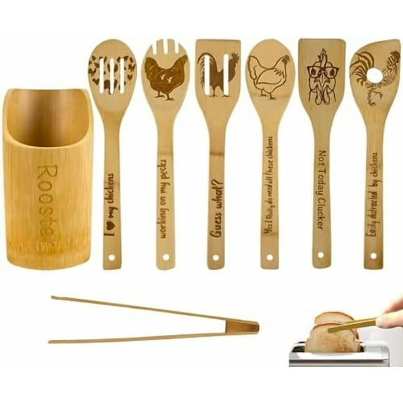 8PCS Wooden Cooking Spoons with Holder - Rooster Kitchen Decor ...