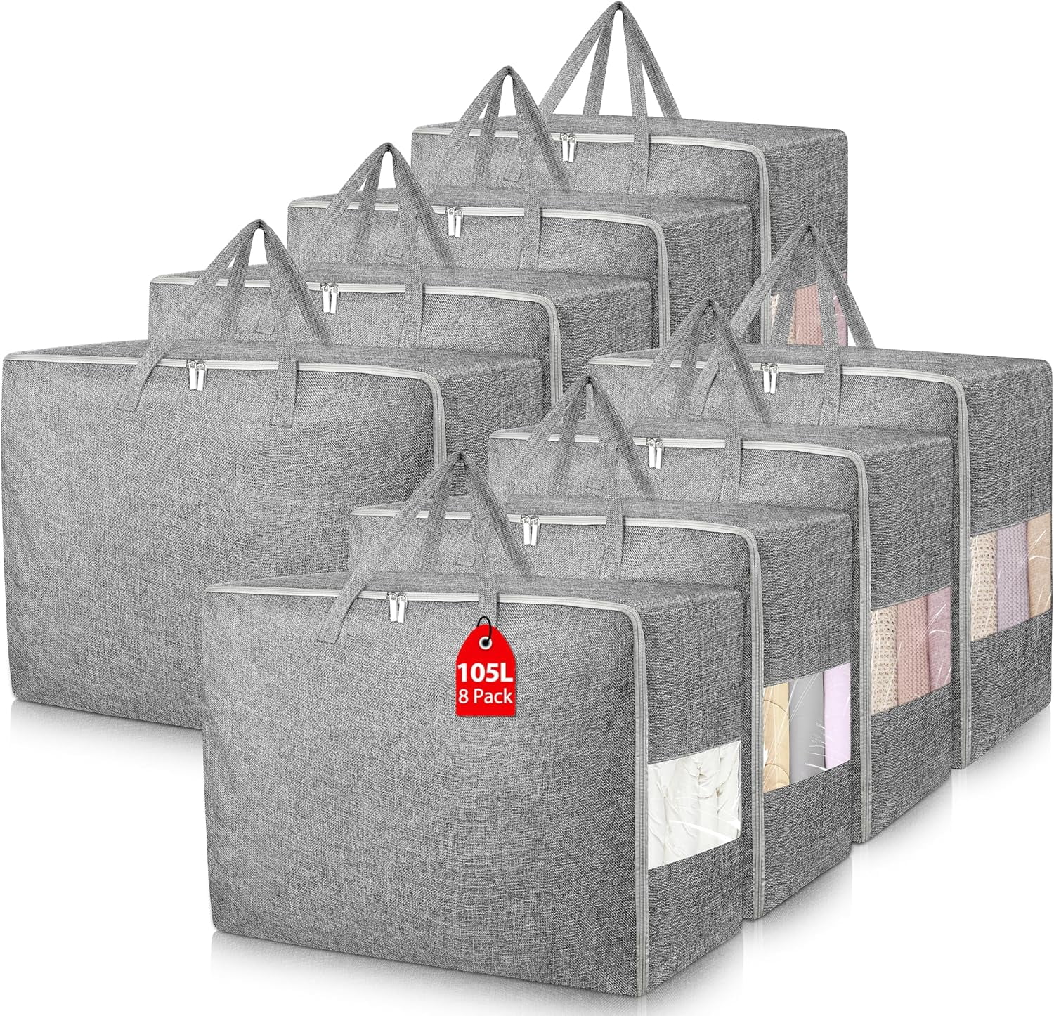 8Pack 105L Storage Bags, Folding Moving Comforter Blanket Storage Bags ...