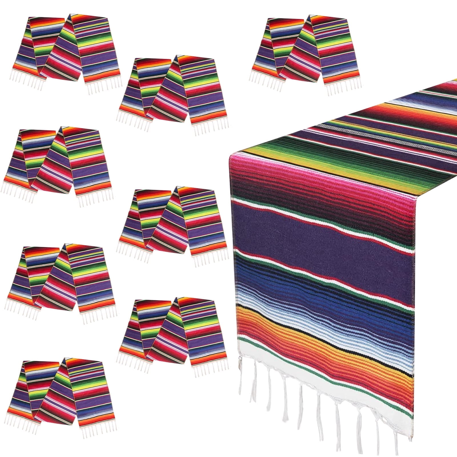8Pack 108" x 14" Mexican Table Runner Striped Fringe Cotton Serape ...