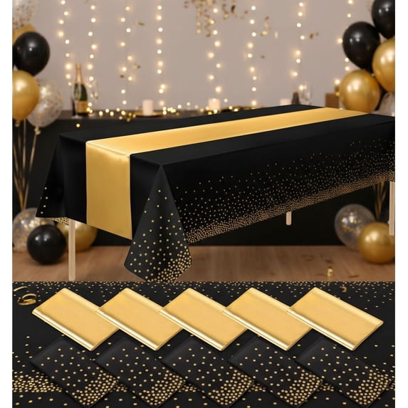 8Pack Disposable Plastic Tablecloths and Satin Table Runner Set Black ...
