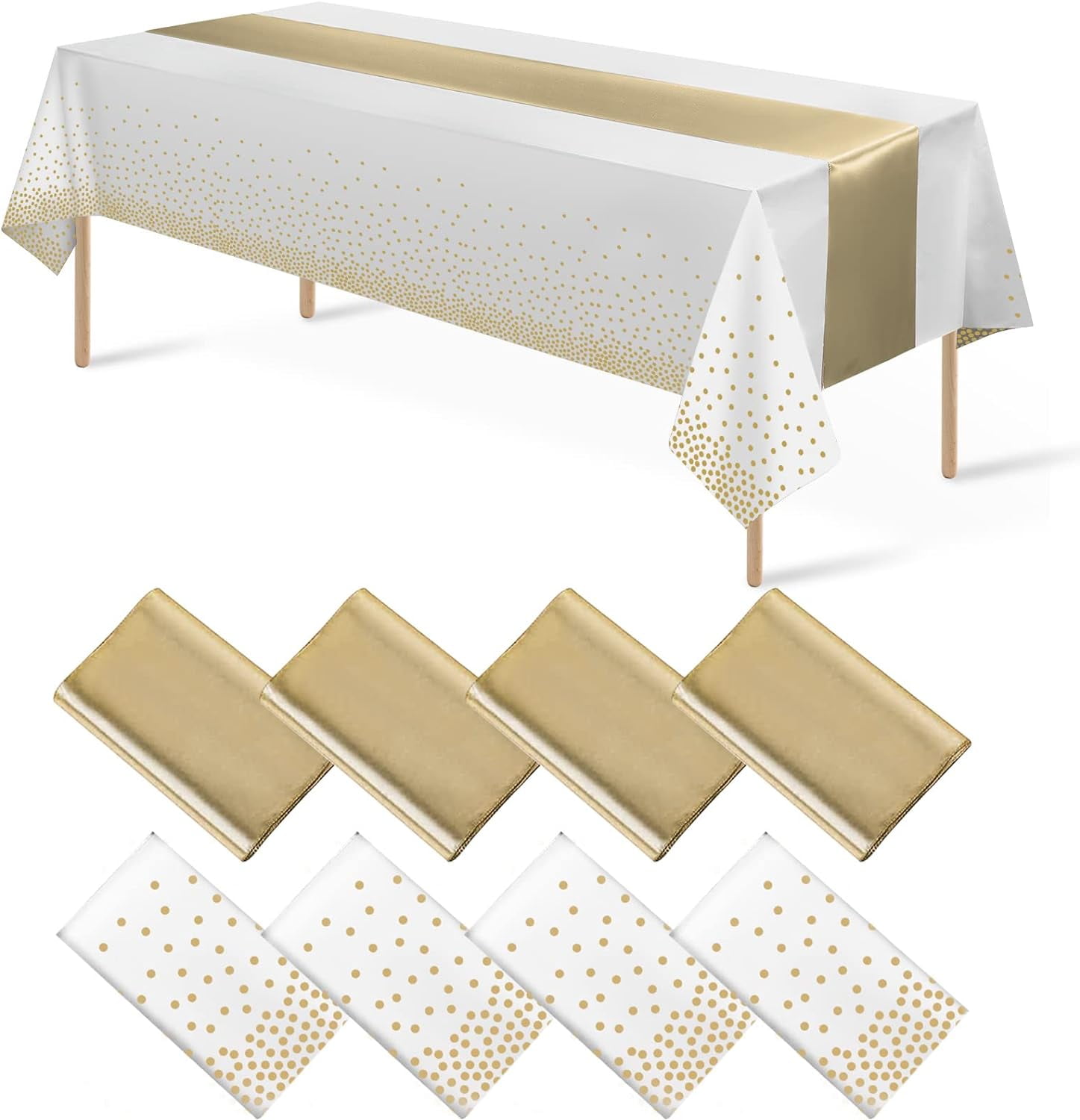 8Pack Disposable Plastic Tablecloths and Satin Table Runner Set White ...