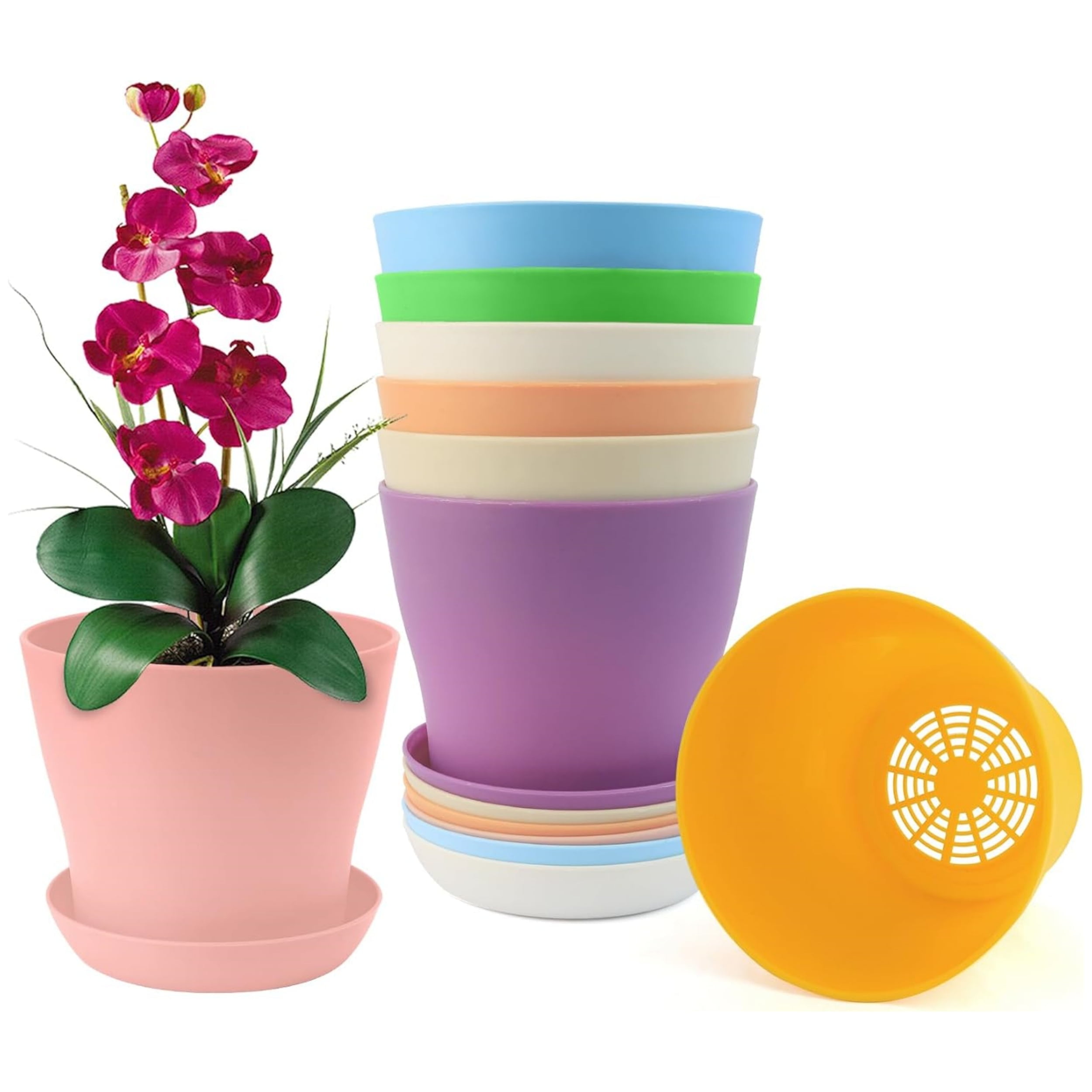 8Pack Plastic Planters with Drainage and Saucer,QZS Colorful Garden ...
