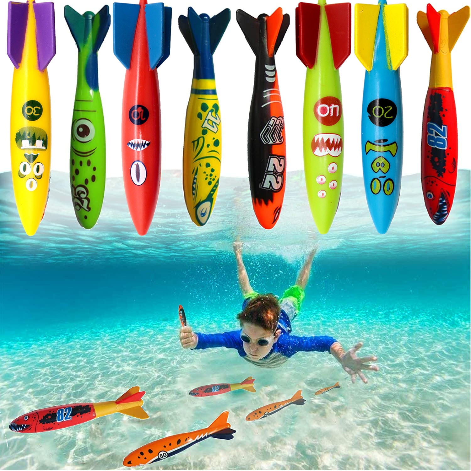 8Pc 5" Underwater Diving Torpedo Rocketpedo, Pool Dive Throw Toypedo ...
