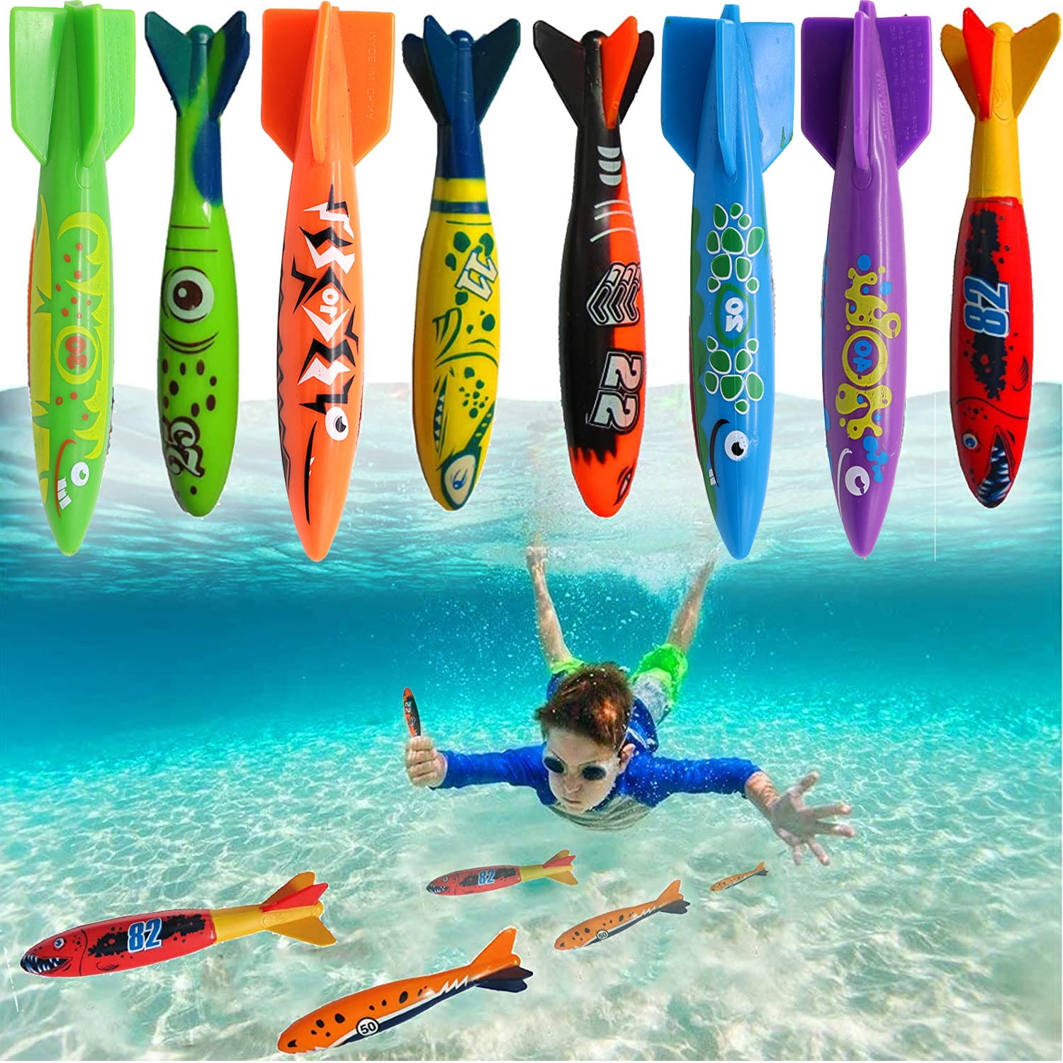 8Pc 5" Underwater Diving Torpedo Rocketpedo, Pool Dive Throw Toypedo ...