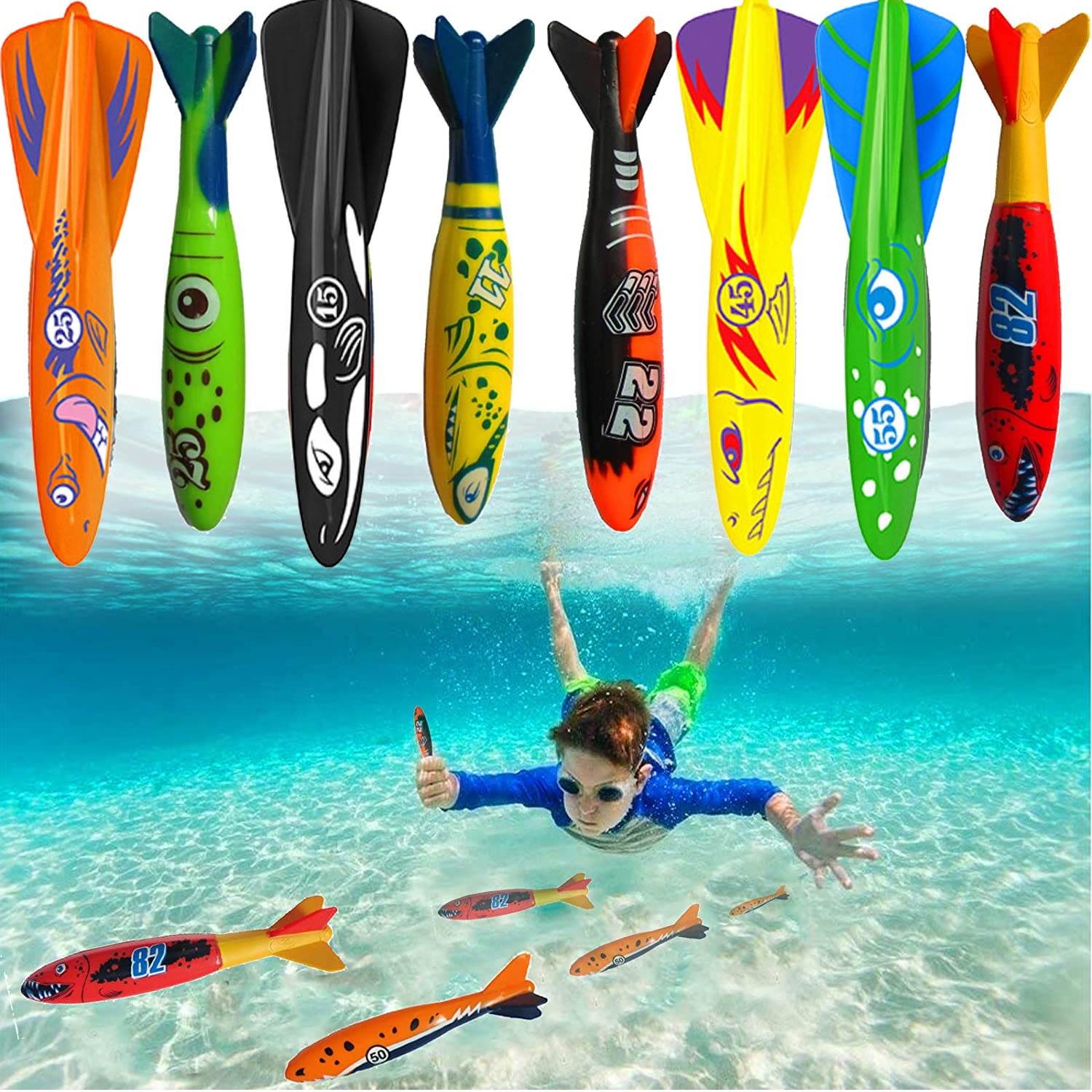 8Pc 5" Underwater Diving Torpedo Rocketpedo, Pool Dive Throw Toypedo ...