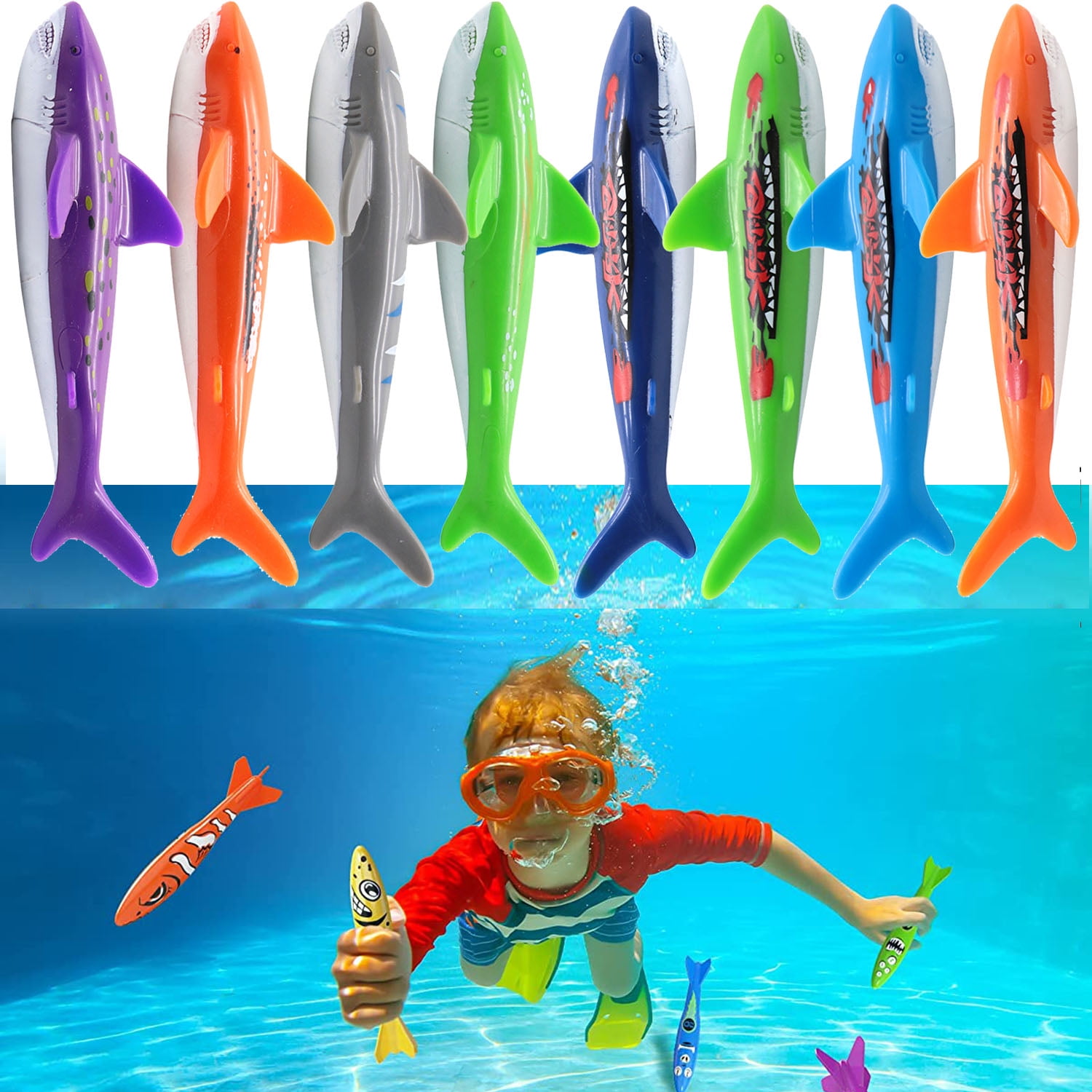 8Pc 5" Underwater Diving Torpedoes Sharkpedo, Kids Pool Dive Throw ...