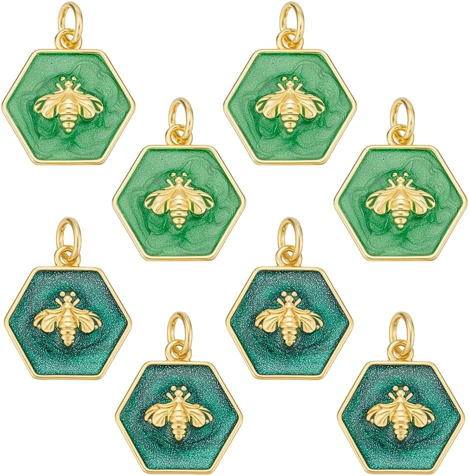 8Pcs 18K Gold Plated Brass Bee Charms 2 Colors Green Enamel Bee Pendant ...