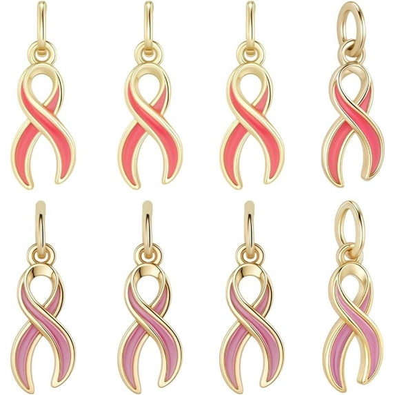 8Pcs 2 Colors Cancer Ribbon Charms Enamel 18K Gold Plated Breast Cancer ...