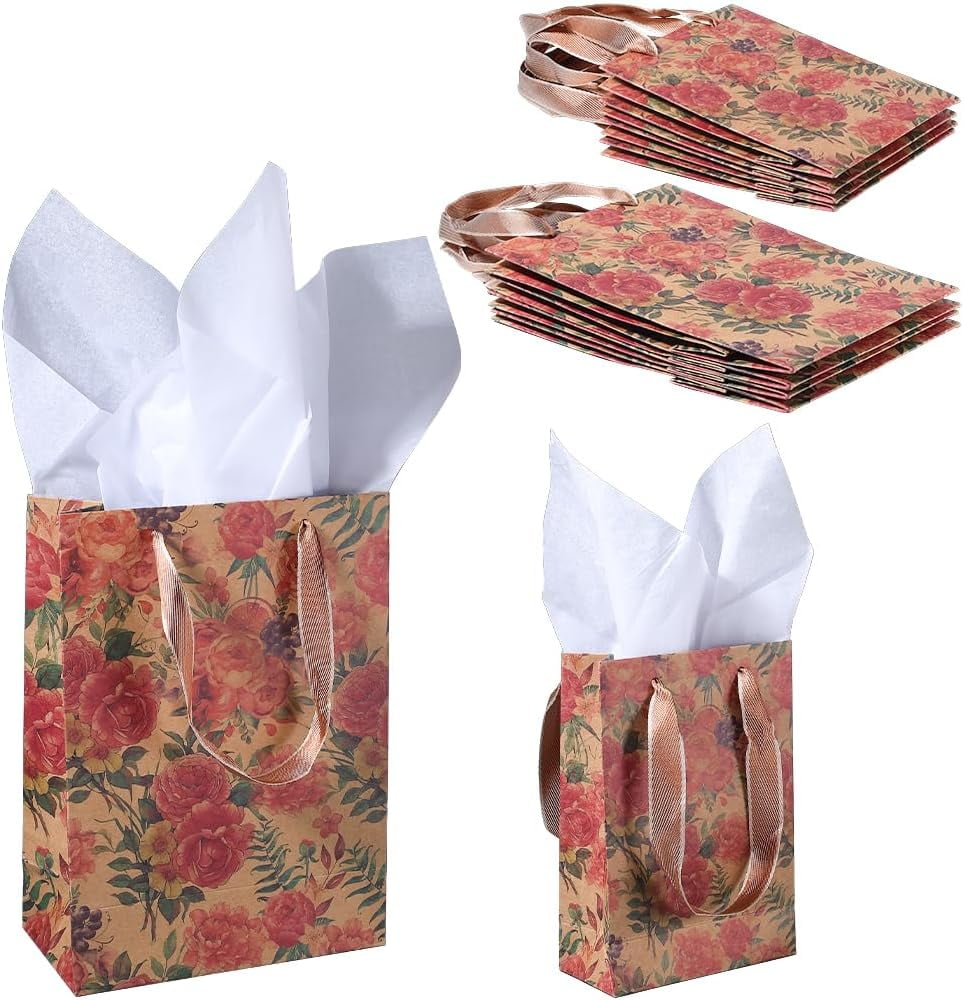 8Pcs 2 Sizes Floral Paper Bags with Handles 8x4x11/5x2x7 Inch Kraft ...