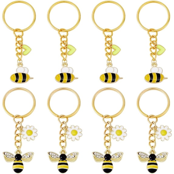 8Pcs 2 Styles Golden Bee Charms Keychain Rhinestone Honey Bee Keychains ...