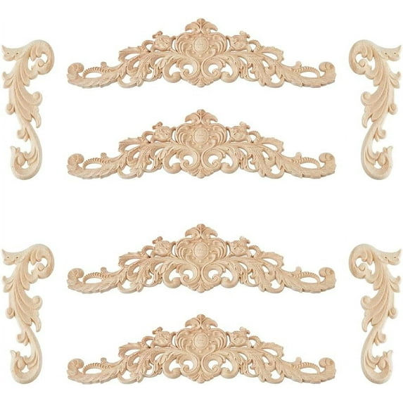 8Pcs 2 Styles Wood Carved Onlay Appliques Flower Long Wood Applique Unpainted Wooden Carving ...