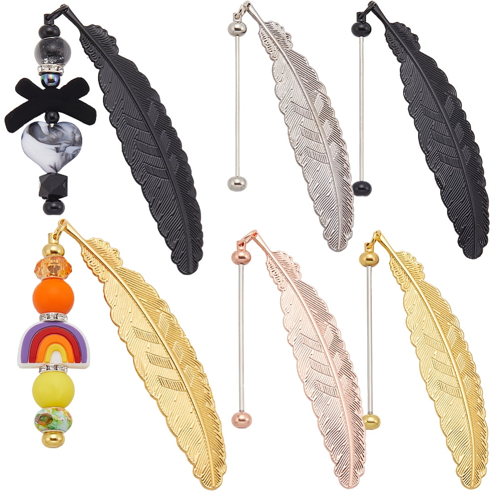 8Pcs 4 Colors Alloy Feather Pendant Bookmarks Beadable Bookmarks Mixed ...