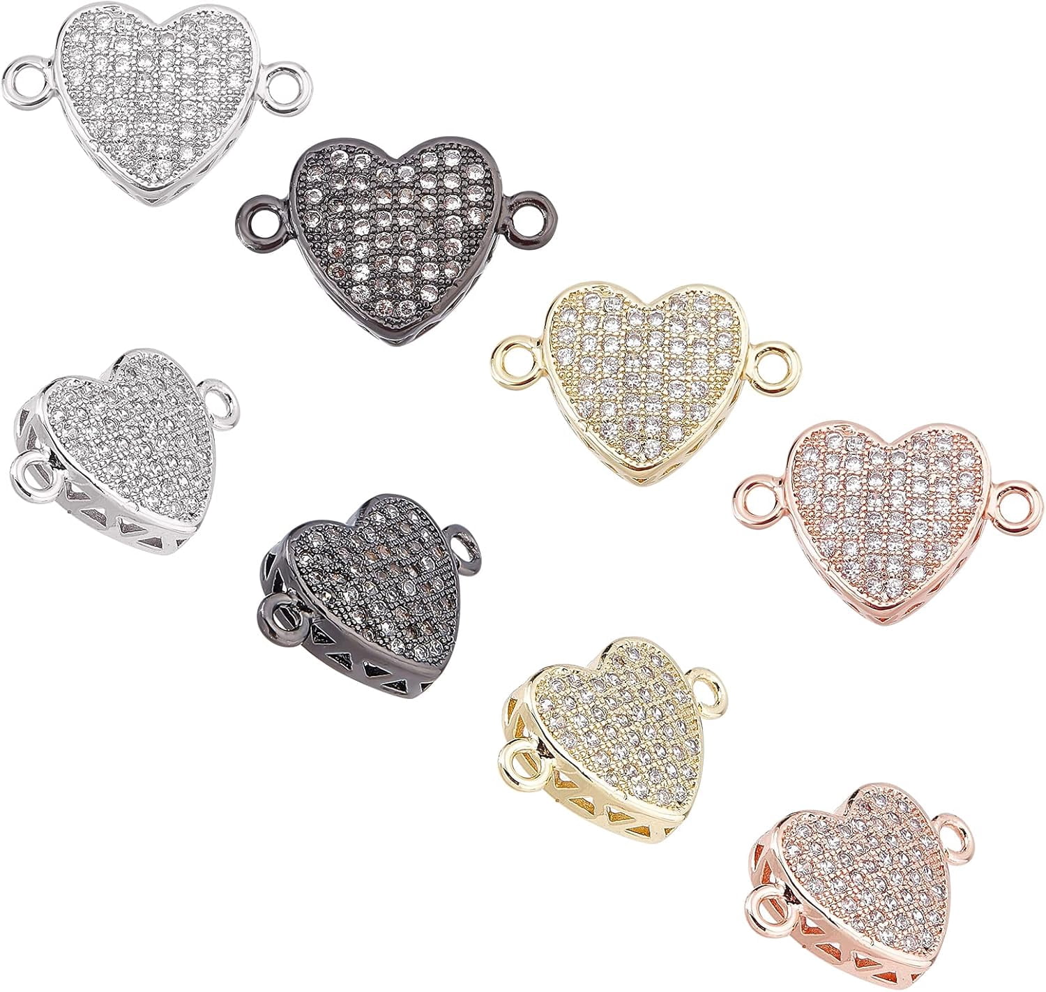 8Pcs 4 Colors Brass Cubic Zirconia Heart Charms Connectors Links Bronze ...