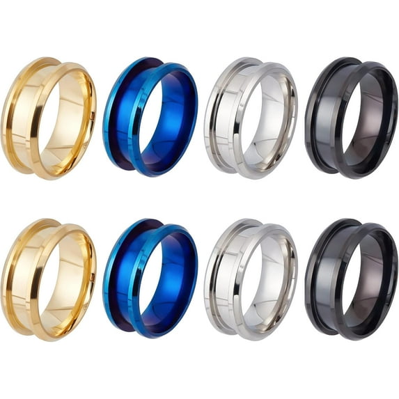 8Pcs 4 Colors Stainless Steel Grooved Finger Ring Settings Size 8 Ring ...