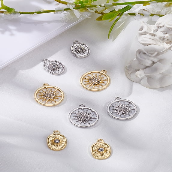 8Pcs 4 Stykes Rack Plating Alloy Pendants with Rhinestone Sun Charms ...