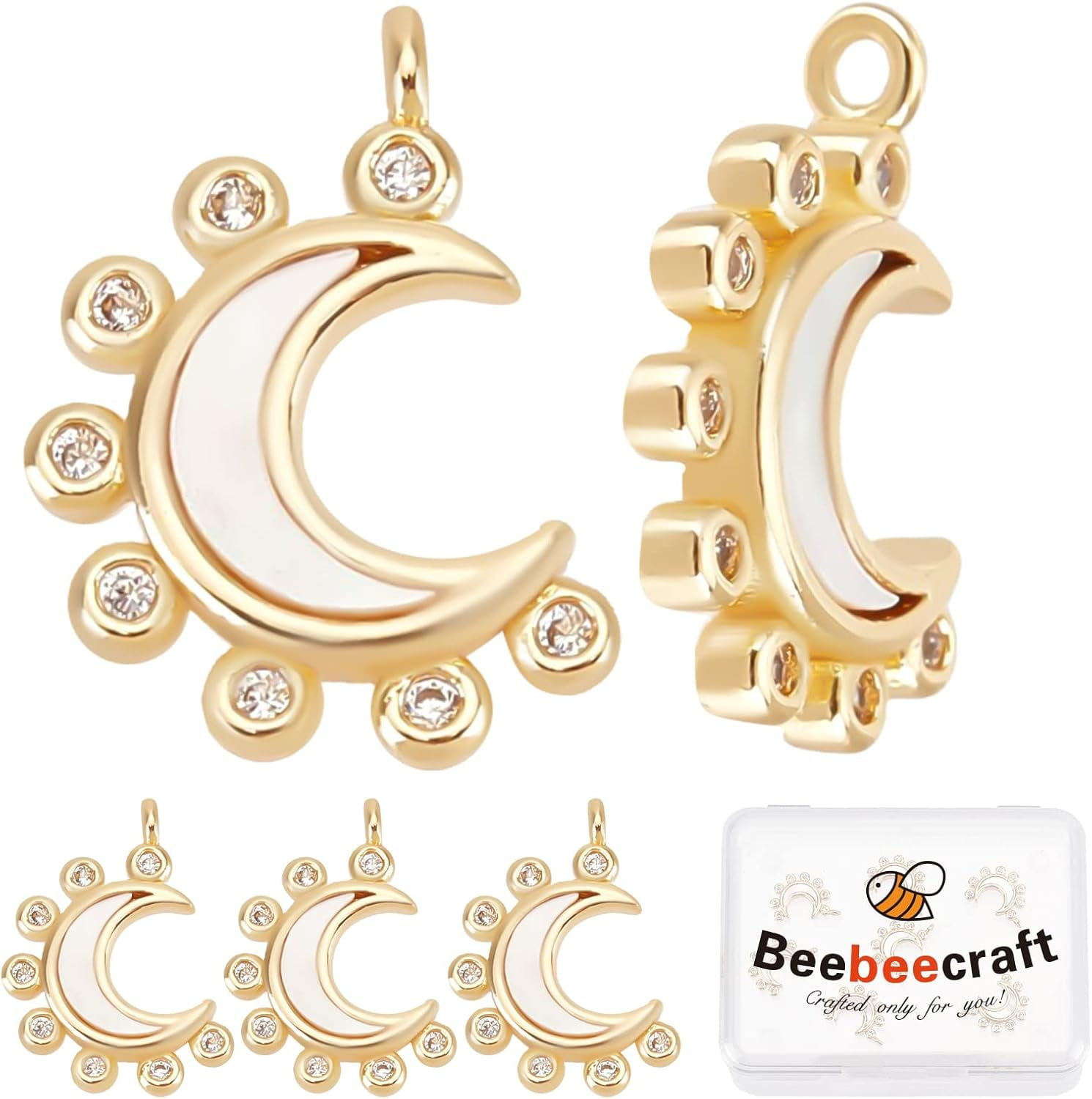 8Pcs 4 Style 18K Gold Plated Moon Charms with Cubic Zirconia Sun and Star Dangle Pendants with ...