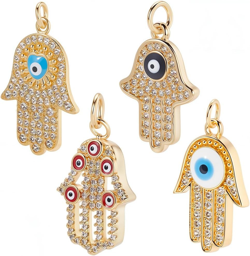8Pcs 4 Styles Hamsa Hand Charms 18K Gold Plated Enamel Cubic Zirconia ...