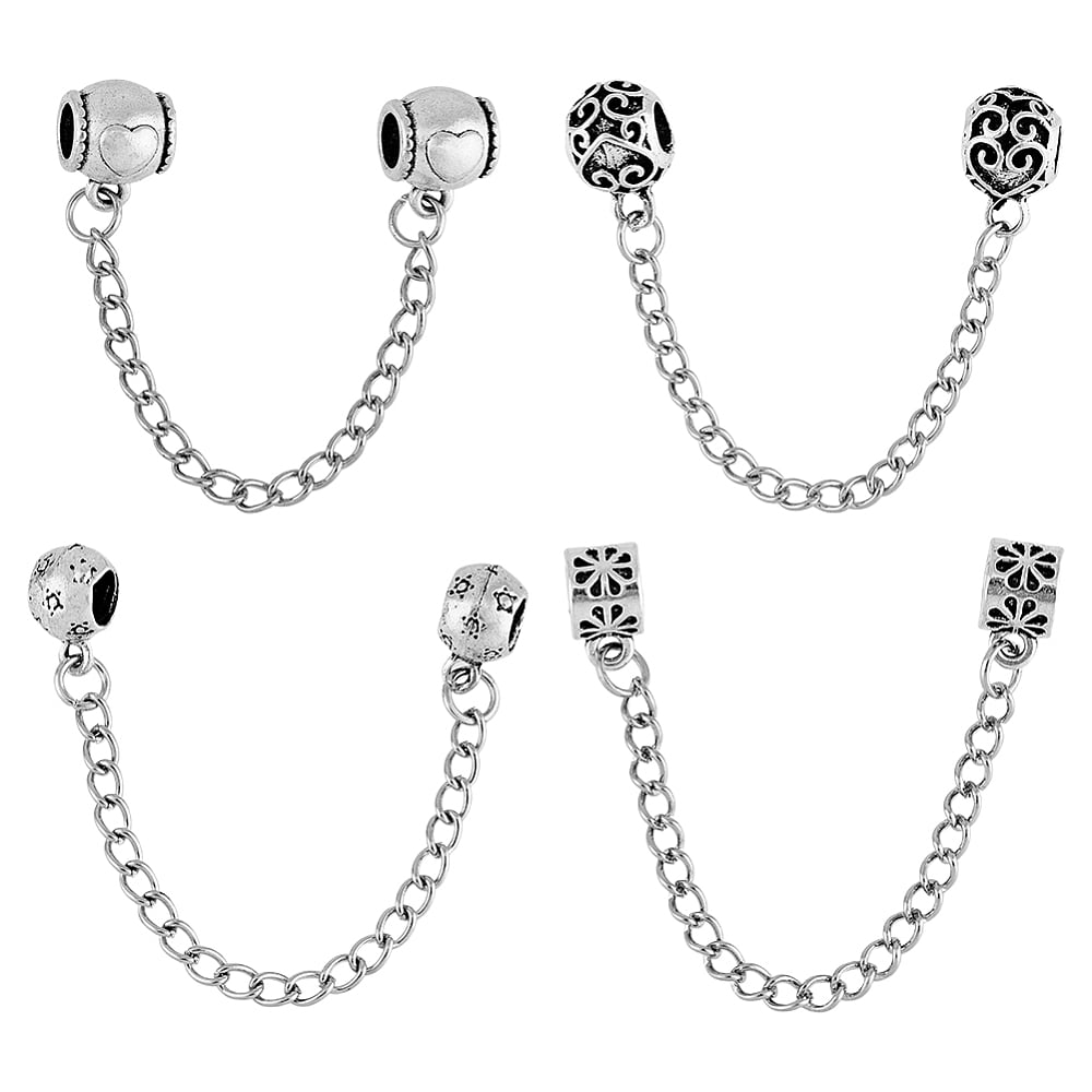 8Pcs 4 Styles Zinc Alloy European Beads with Iron Safety Chains Large ...