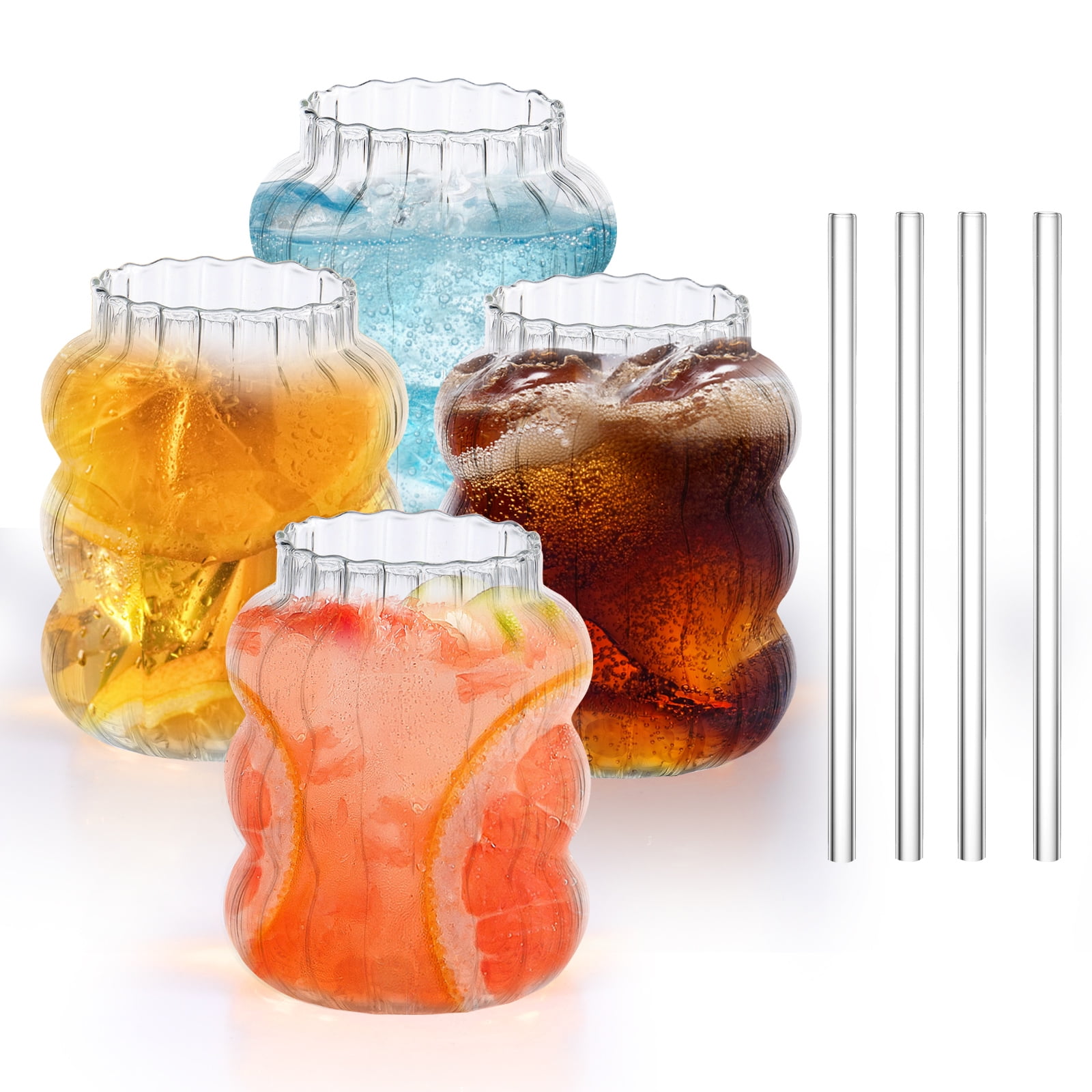 8Pcs 650ml Ribbed Glass Cups Set Creative Wavy Drinking Glasses Clear ...