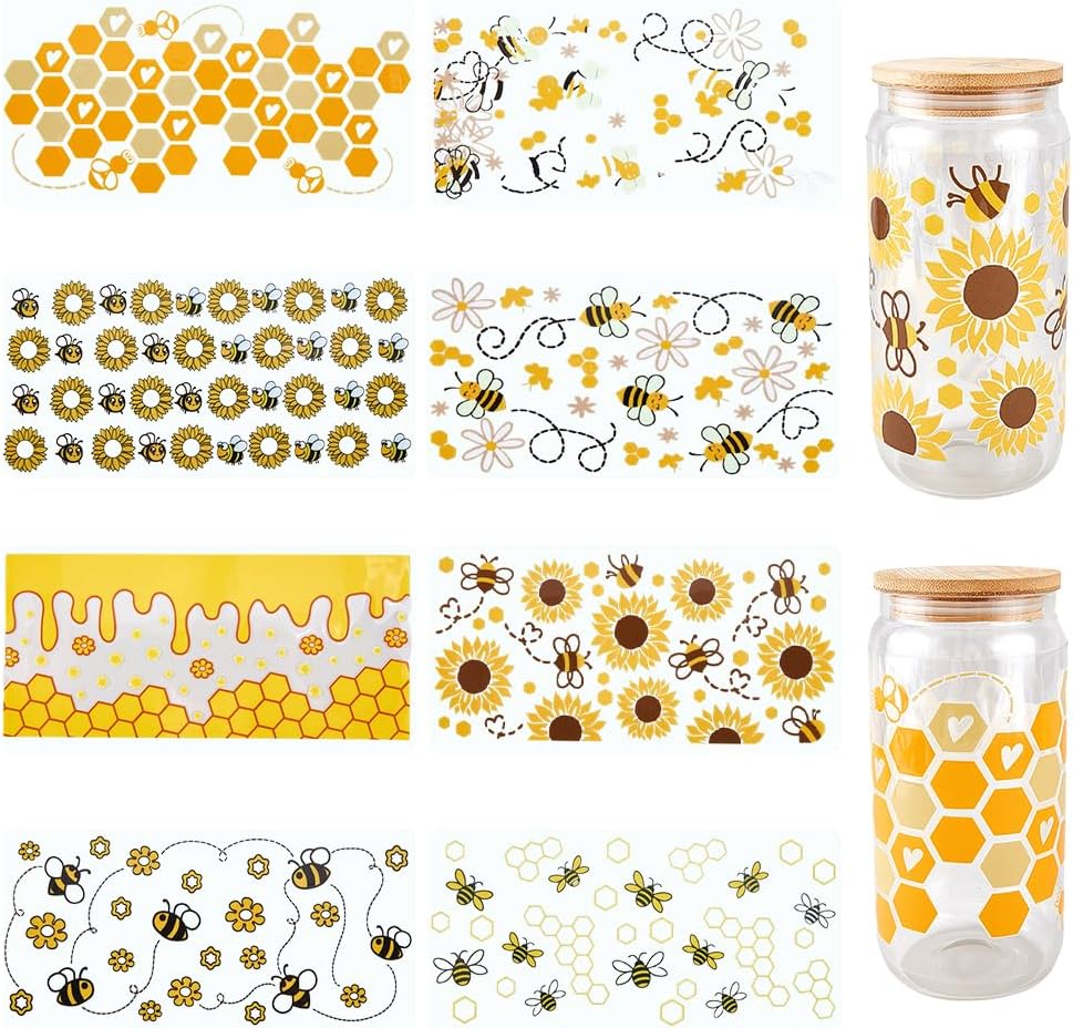 8Pcs 8 Styles Glass Cup Sticker Wrap UV DTF Cups Wraps Bulk Transparent ...