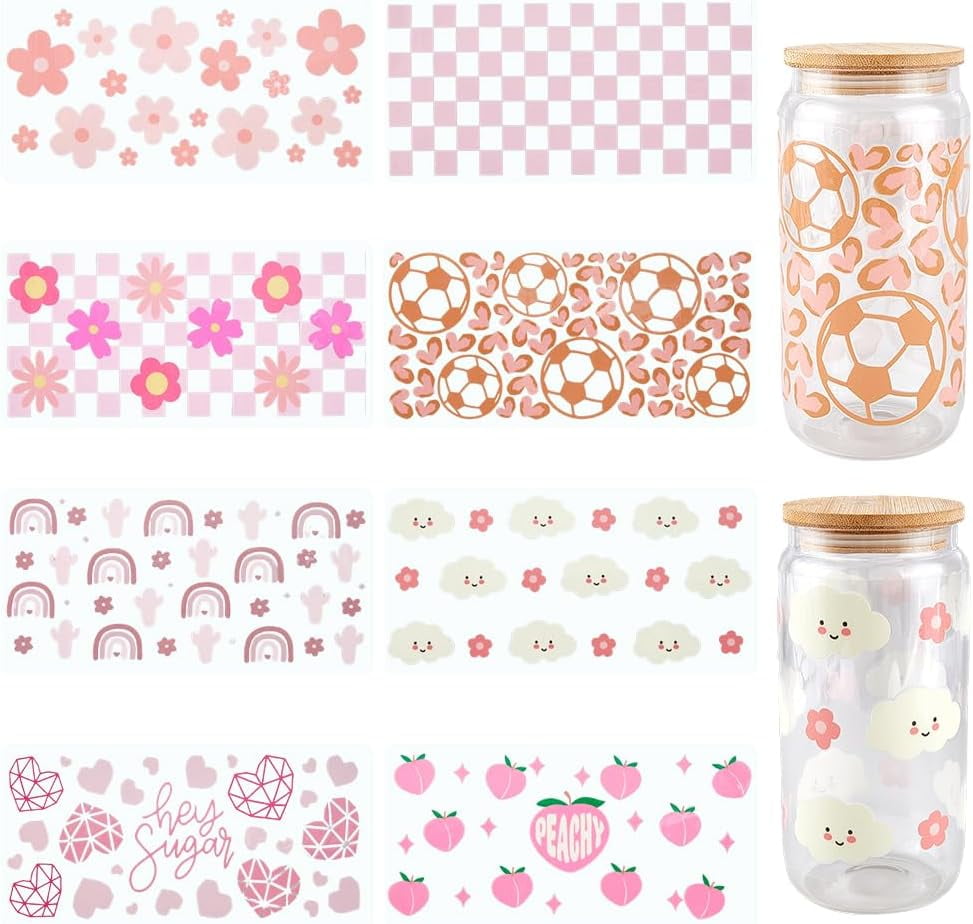 8Pcs 8 Styles Pink Cup Wrap UV DTF Cups Wraps Bulk Transparent Plastic ...