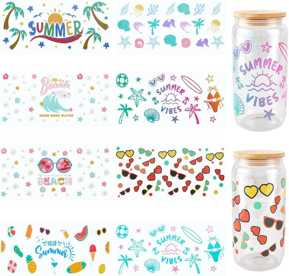 8Pcs 8 Styles Summer Cup Wraps Glass Cups Decals Bulk Transparent ...