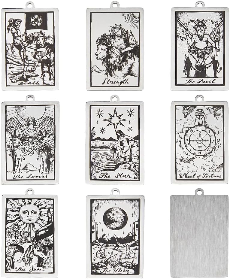 8Pcs 8 Styles Tarot Charms Stainless Steel Rectangle Card Pendants ...