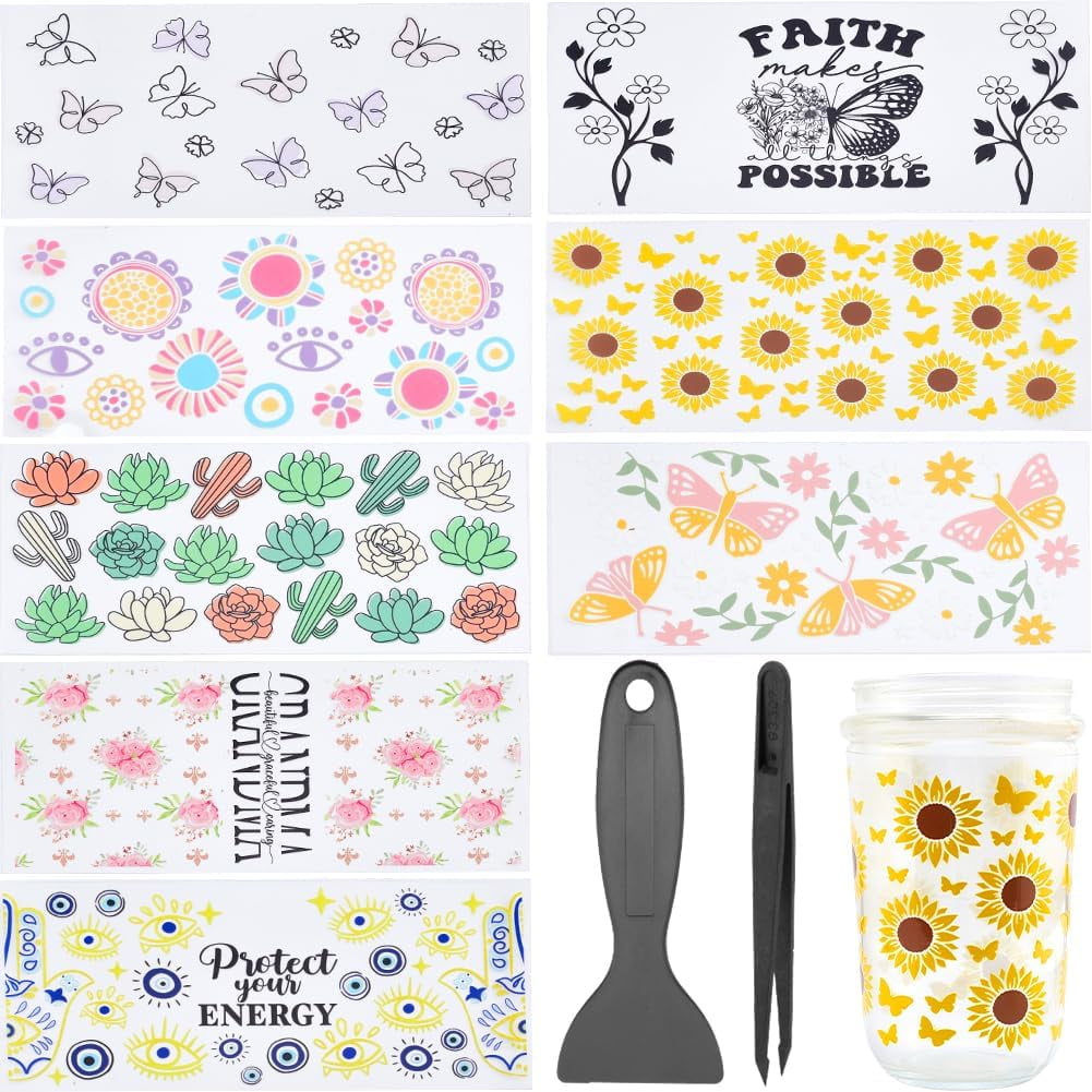 8Pcs 8Styles Transfer Stickers for Glass Rub on Transfers Decal ...